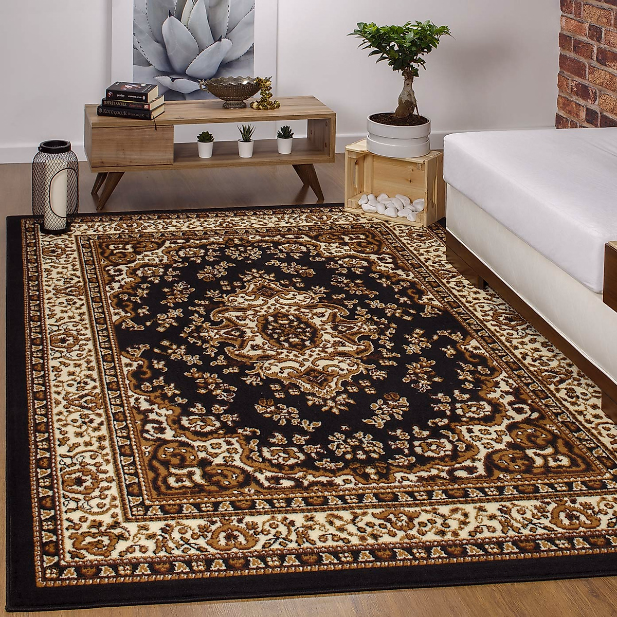 Antep Rugs Kashan King Collection Himalayas Oriental Polypropylene Indoor Area Rug (Black and Beige, 5' x 7')