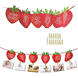 Strawberry Monthly Photo Banner - Sweet Berry 1st Birthday Monthly Banner Baby Girl 12 Month Photo Display Milestone Photograph Bunting Garland for Strawberry First Birthday Party,Baby Shower,Berry