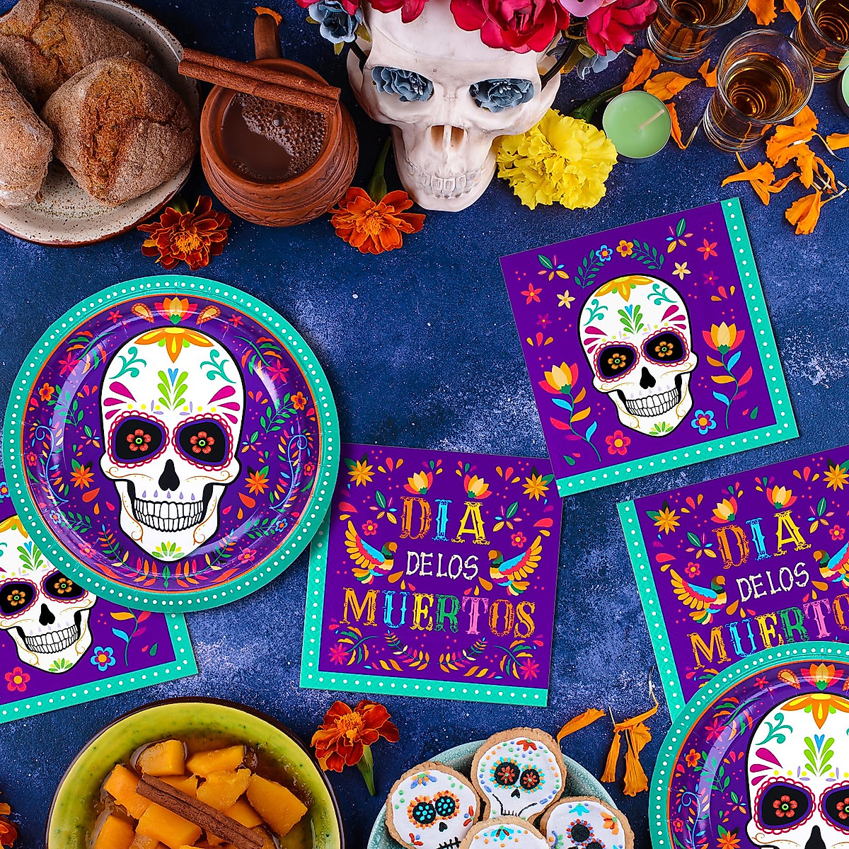 DYLIVeS Day of the Dead Plates and Napkins Party Supplies, Dia de Los Muertos Plates and Napkins Set Sugar Skull Disposable Dinnerware for Mexican Fiesta Carnival Halloween Party Decorations, Serve 50