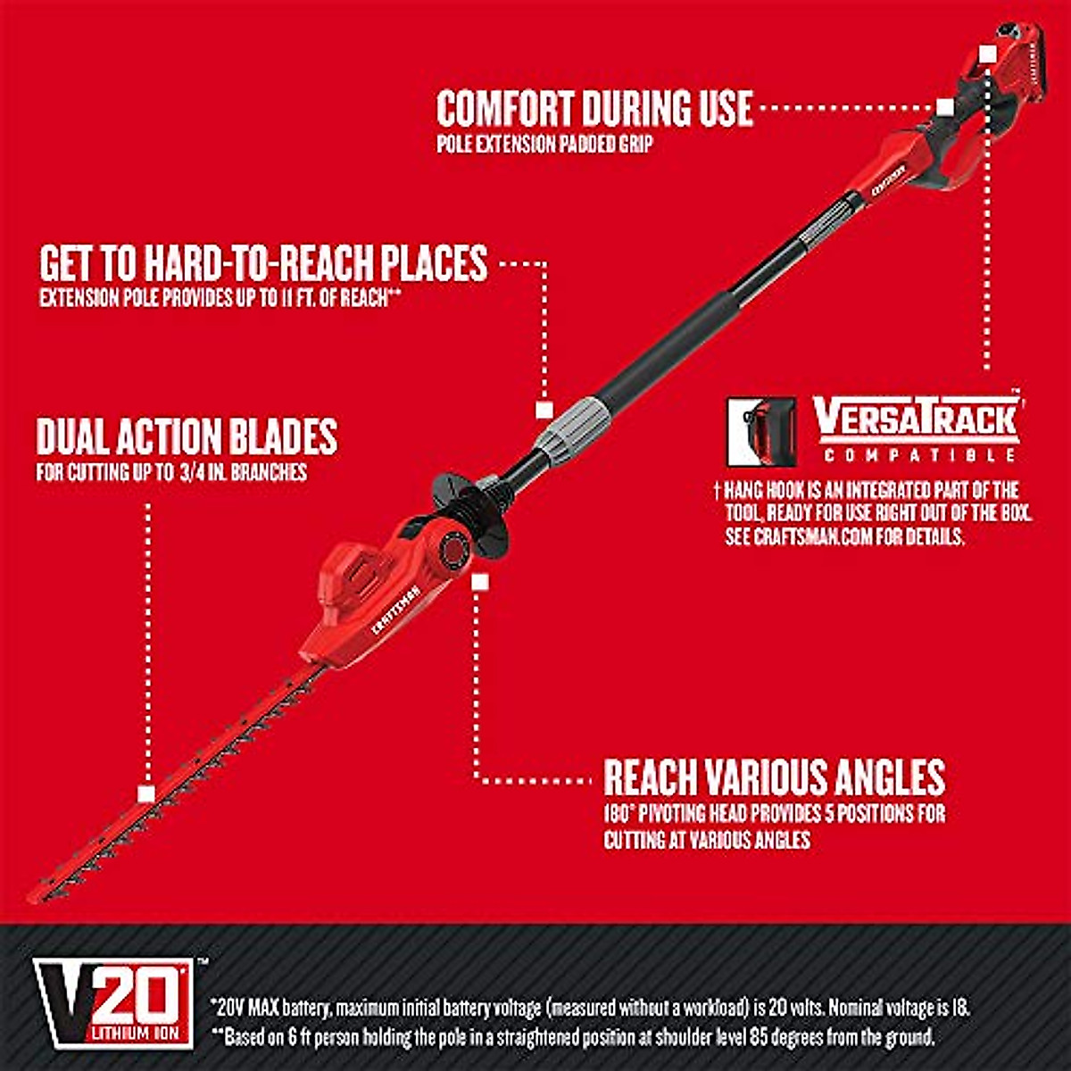 CRAFTSMAN V20 Cordless Pole Hedge Trimmer, 18-Inch, Extended Reach, Battery and Charger Included (CMCPHT818D1)