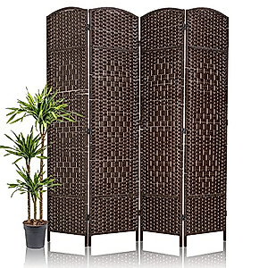 HCY 6FT Room Divider, 4 Panels Wall Divider, Wood Screen Wood Mesh Hand Woven, HCY-RD416-BROWN HCY-RD416-BROWN