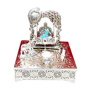 Crafting with Love a Beautiful Little Krishna Peacock jhula with German Silver chowki + Cow Calf + tulsi Plant + Lotus Handle Diya