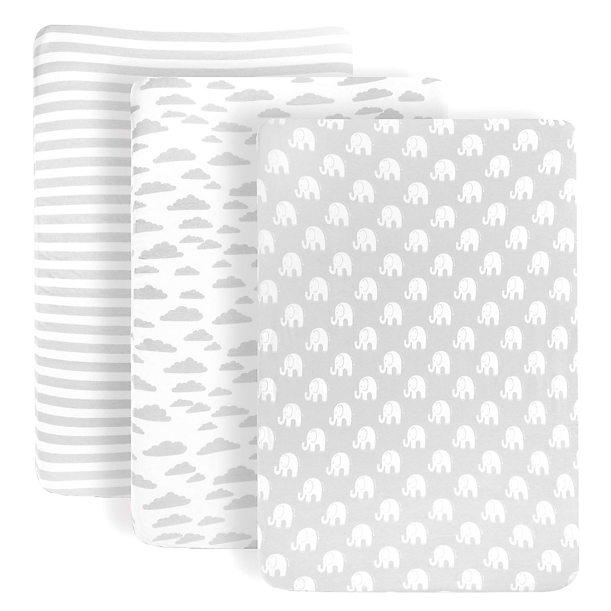 BaeBae Goods Premium Crib Sheets for Baby Boys and Girls, 3 Pack, Soft and Breathable Jersey Cotton Fitted Sheet Set, Grey and White, Cute Gender Neutral Nursery Mattress Bedding, Universal Fit