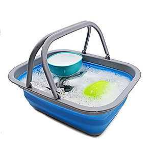 SAMMART 9.2L (2.37Gallon) Collapsible Tub with Handle - Portable Outdoor Picnic Basket/Crater - Foldable Shopping Bag - Space Saving Storage Container (Bluish-Green & Blue, 2)