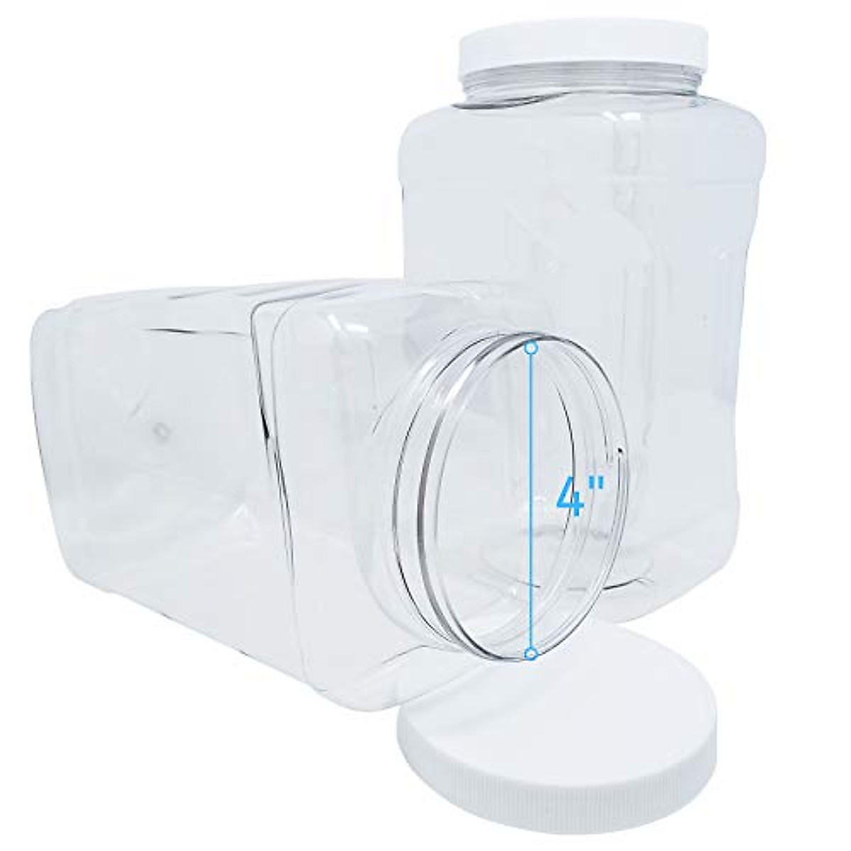 Kelkaa 1 Gallon Clear PET Plastic Square Wide Mouth Jars with Grip Handle and White Ribbed Lined Caps, BPA Free, Multi-Use Containers, Household Dried Food Canisters, Made in the USA (Pack of 2)