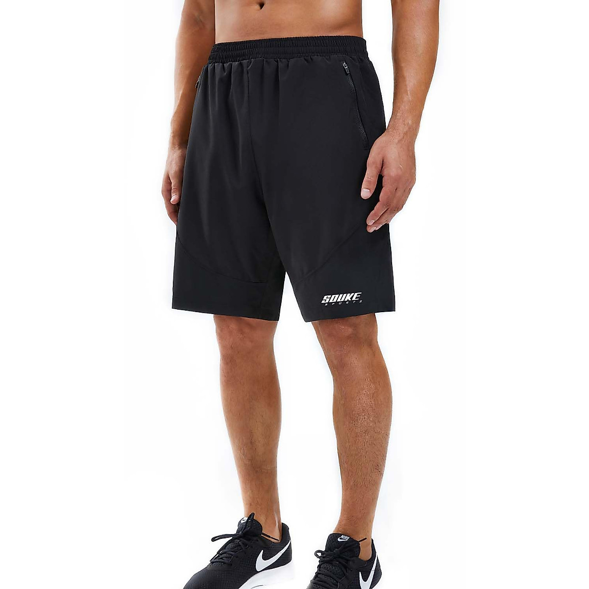 Souke Sports Men's Workout Running Shorts Quick Dry Athletic Performance Shorts Black Liner Zip Pockets
