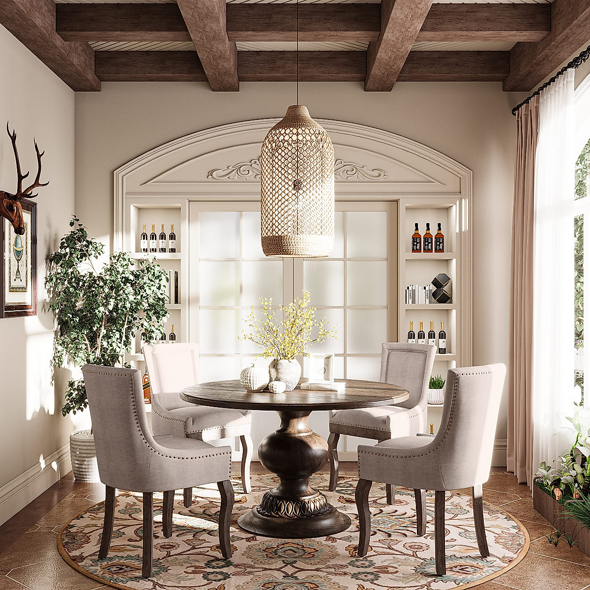 Aoowow Fabric Vintage Upholstered Side Chairs Set of 4, Farmhouse Solid Wood Kitchen Dining Room Chairs with Nailheads Legs (Fabric Beige)