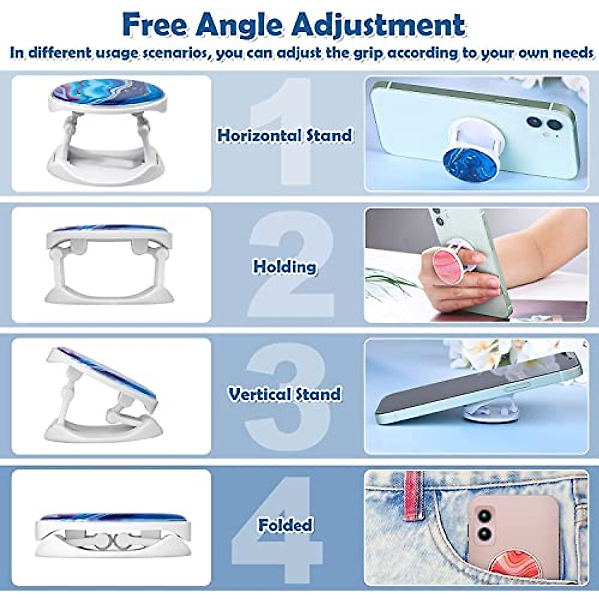 6 Packs Phone Grip Holder for Phones and Tablets, Flowing Marble Texture Multi-Function Collapsible Phone Finger Holder, Compatible with iPhone Samsung Galaxy All Smartphone - Pink Marble Blue Marble