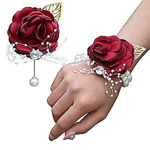 WANLIAN Bridesmaid Wrist Corsage Wedding Flowers Hand Flower Homecoming Corsage for Wedding Party Prom Groom Wedding Party Set of 2 (red)