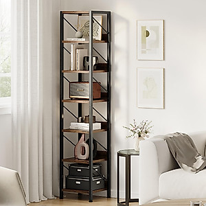 GAOMON Narrow Bookshelf Skinny Bookcase Tall Storage Rack Shelf 6 Tier Standing Bookshelves Metal Frame Rustic Display Racks Industrial Book Shelf for Bedroom, Living Room, Home Office