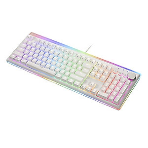 i-rocks K71M RGB Mechanical Gaming Keyboard with Media Control Knob, Gateron Switches (Brown), 107 Keys w/Full NKRO, PBT Keycaps, Multimedia Hotkeys, Detachable USB-C Cable and Onboard Storage, White