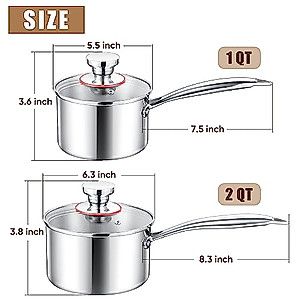 1Qt & 2 Qt Saucepan with Lid Set, E-far Triply 18/10 Stainless Steel Sauce Pan Pot for Cooking Pasta Warming Milk Boiling Water, Small Metal Cookware for Kitchen, Induction Ready & Heavy Duty