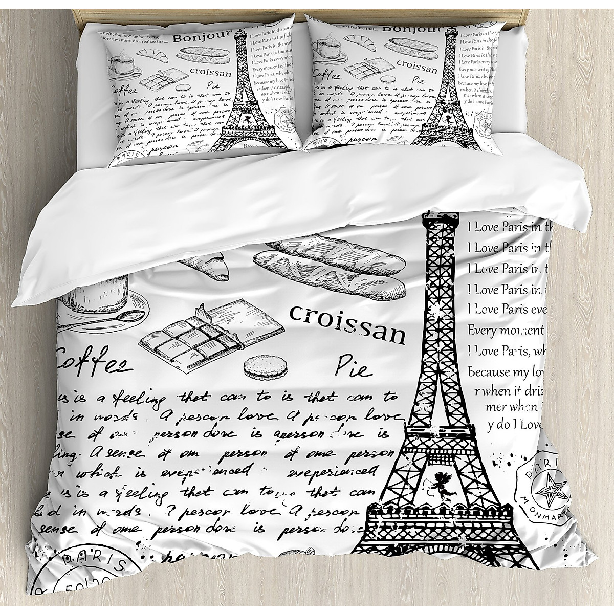 Ambesonne Paris Duvet Cover Set, Traditional Famous Parisian Elements Bonjour Croissan Coffee Eiffel Tower Print, Decorative 3 Piece Bedding Set with 2 Pillow Shams, Queen Size, White Black