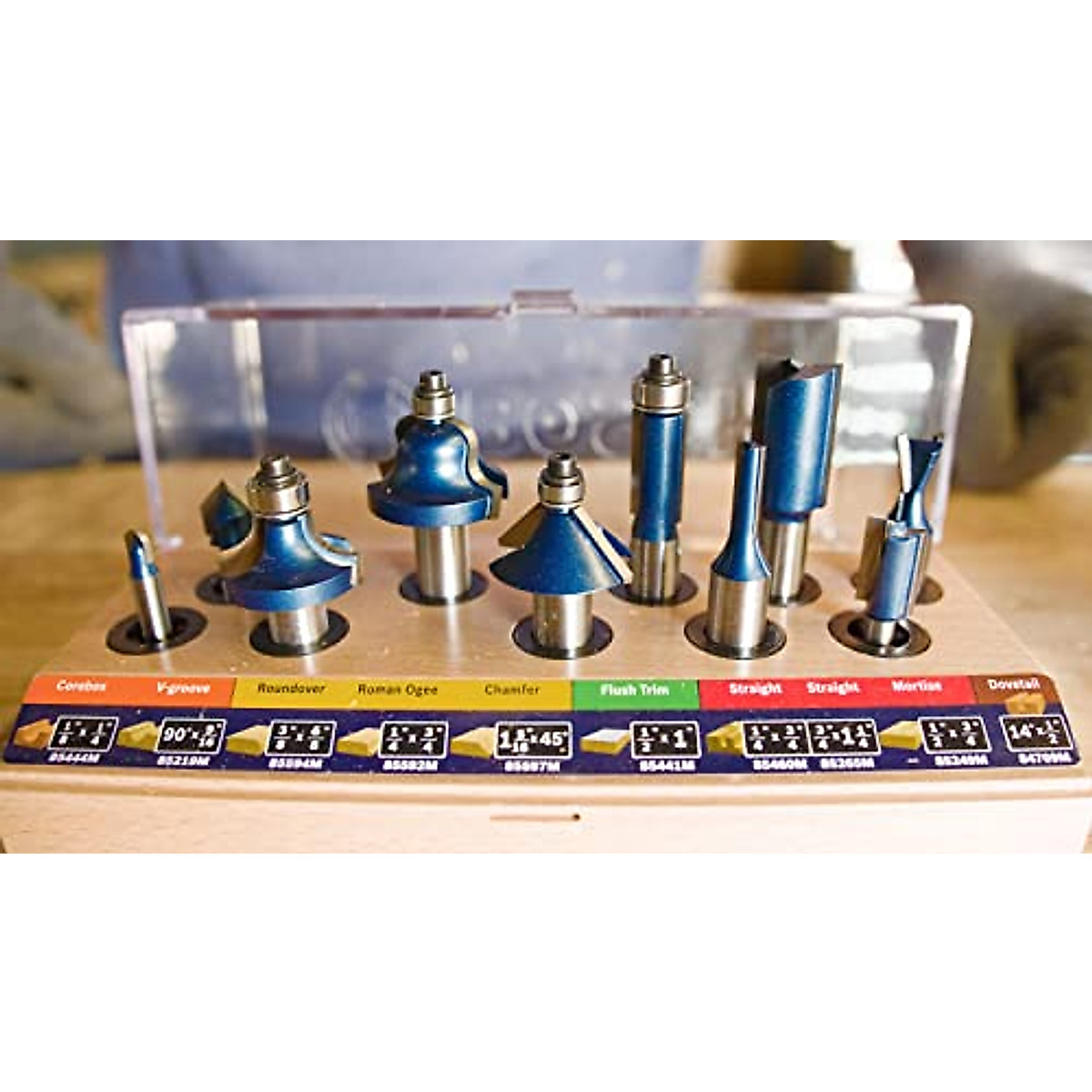 BOSCH RBS010 10-Piece 1/2 In. and 1/4 In. Shank Carbide-Tipped All-Purpose Professional Router Bits Assorted Set with Case for Applications in Straight, Trimming, Decorative Edging, Dovetail Joinery