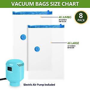 BAMCOO Vacuum Storage Bags with Electric Pump, 8 Pack (4 Jumbo 4 Large Vacuum Seal Bags for Clothing) Storage Bags Vacuum Sealed Bags for Travel, Luggage, Bedding, Blankets