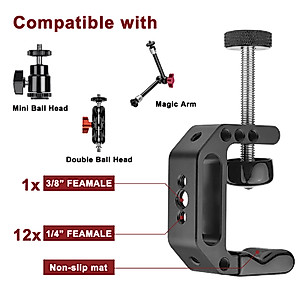 Lanxire Microphone Holder C Clamp with 1/4" and 3/8" Threaded Holes, Mic Clip for Radio Studio, Podcast, Gaming, 5/8" Mic Screw Adapter for Microphones, Max Load 12lb / 5kg