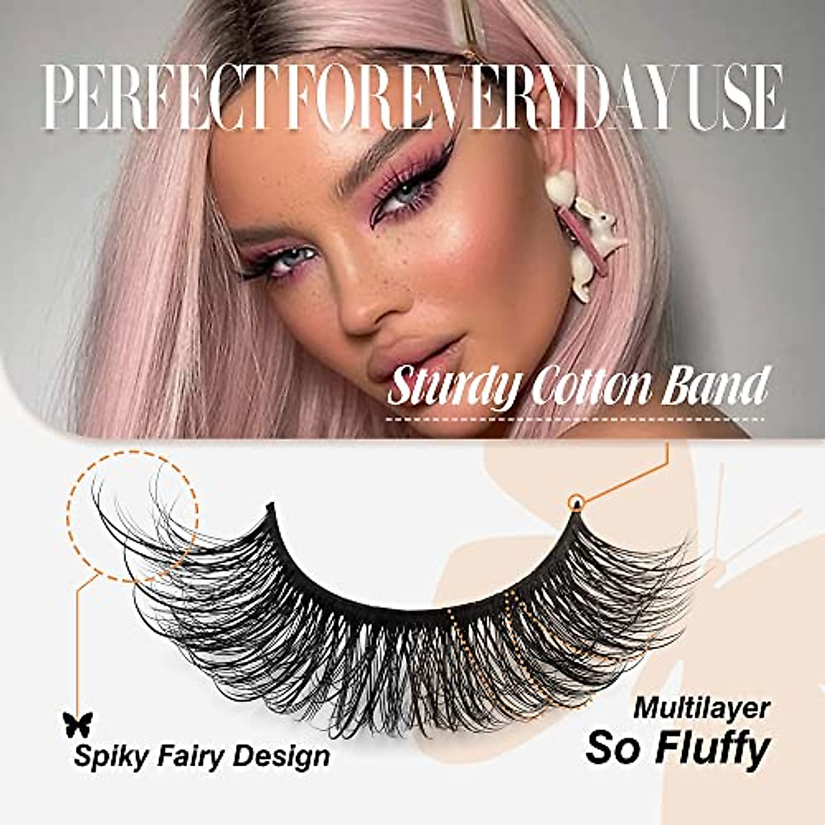 JIMIRE Faux Mink Lashes Wispy Fairy Strip Lashes Full Fluffy False Eyelashes Cat Eye Pestañas 5D Multilayer Spiky Butterfly 15MM Volume Fake Lashes 8 Pairs Pack