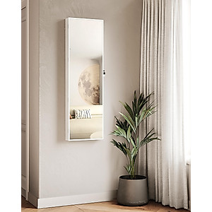 Hzuaneri 8 LEDs Mirror Jewelry Cabinet, 47.2-inch Jewelry Armoire Organizer, Wall/Door Mount Lockable Storage Cabinet with 6 Earrings Shelves, 2 Makeup Pockets, White and Black JC12003B