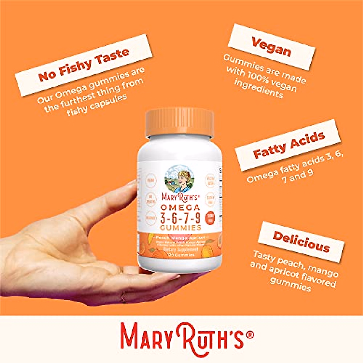 Vegan Omega 3 6 7 9 Gummies by MaryRuth's | Up to 4 Month Supply | Omega 3 Supplement with Flaxseed Oil | Omega 3 Gummies for Heart Health | No Fish Taste | Non-GMO | 120 Count