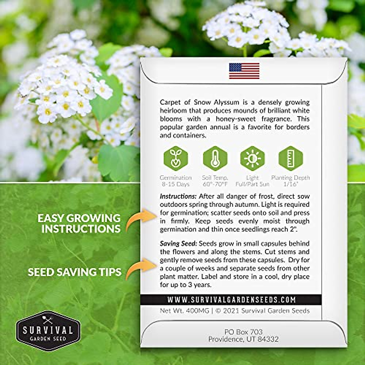 Survival Garden Seeds - Carpet of Snow Alyssum Seed for Planting - Packet with Instructions to Plant and Grow Lobularia maritima in Your Home Flower or Vegetable Garden - Non-GMO Heirloom Variety