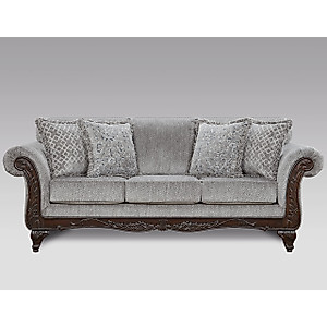 Roundhill Furniture Hernen Carved Wood Frame Sofa, Gray