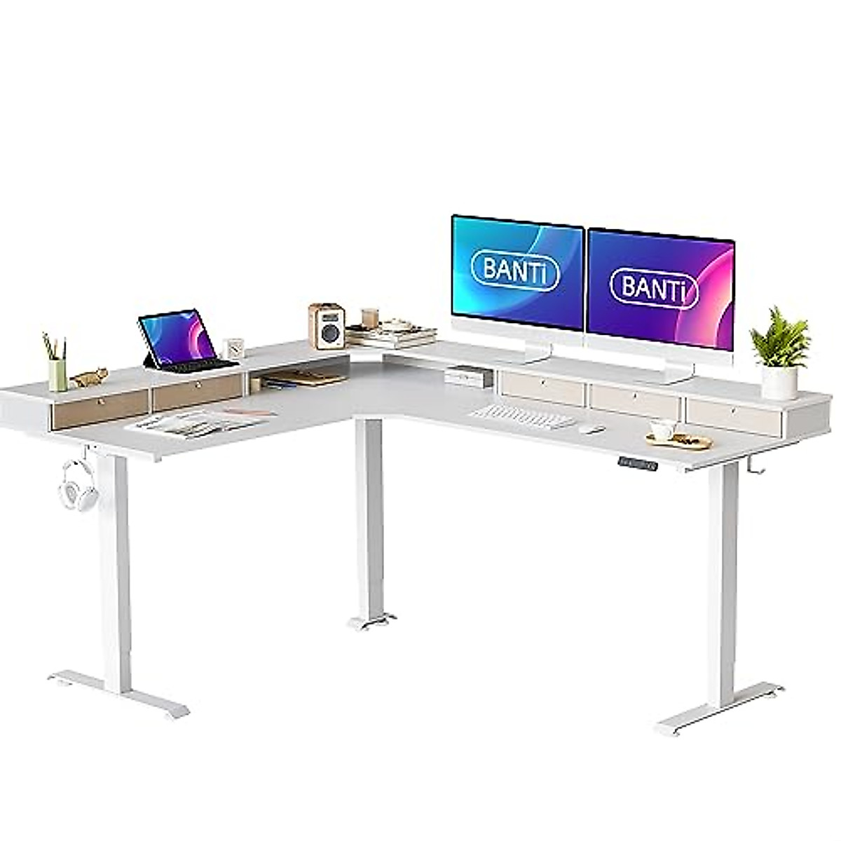 BANTI Triple Motor 75" L-Shape Standing Desk with 5 Drawers, Sit Stand Home Office Desk, Computer Workstation Corner Standing Desk with Spliced Panels, White Top