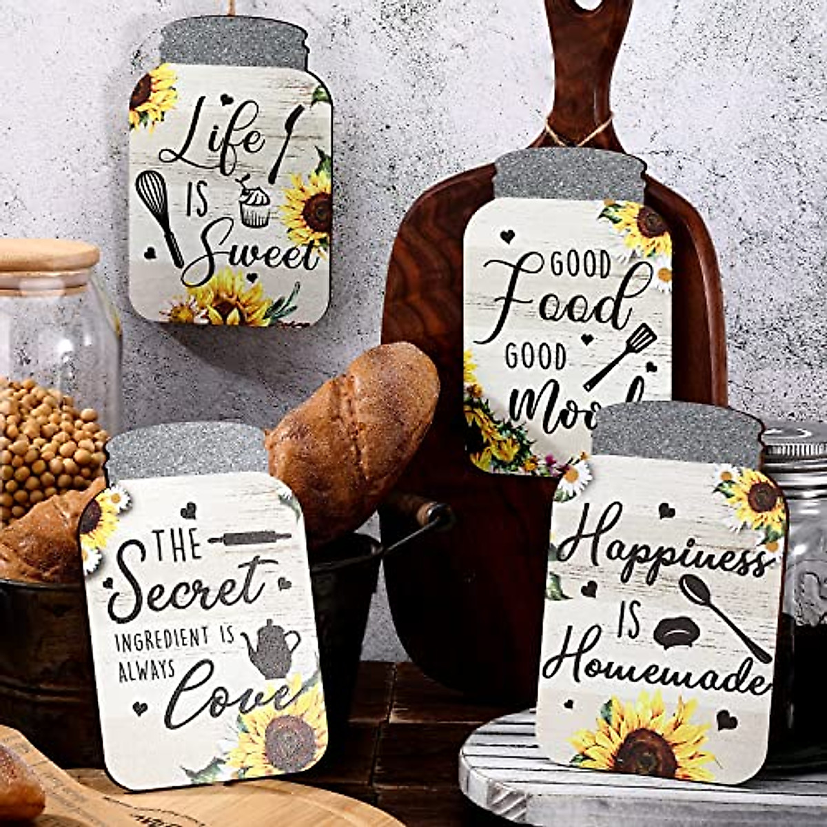 4 Pcs Kitchen Wall Decor Mason Jar Set Wooden Rustic Home Decor Country Kitchen Decor Kitchen Signs Rustic Farmhouse Decorations Kitchen Wall Art Mason Jar Wall Hanging Plaque, 6 x 4 Inch (Sunflower)
