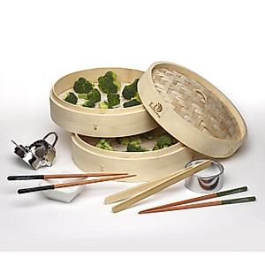 Bamboo Steamer for Cooking 10” -by DoSensePro Includes 2 Tiers, Stainless Steel Dumpling Maker, Liners, Ceramic Dish, and Bamboo Tongs. Dumpling Steamer Basket Cooker for Healthy Low-Fat Diet