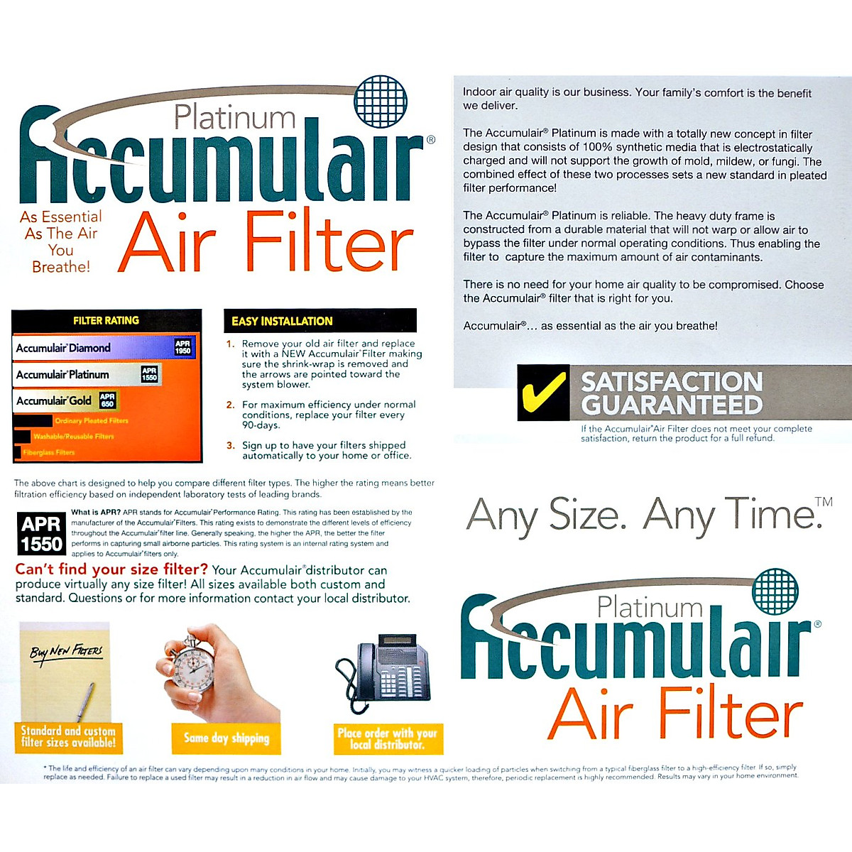 Accumulair Platinum 20x22x1 (19.75x21.75) MERV 11 Air Filter/Furnace Filters (4 pack)