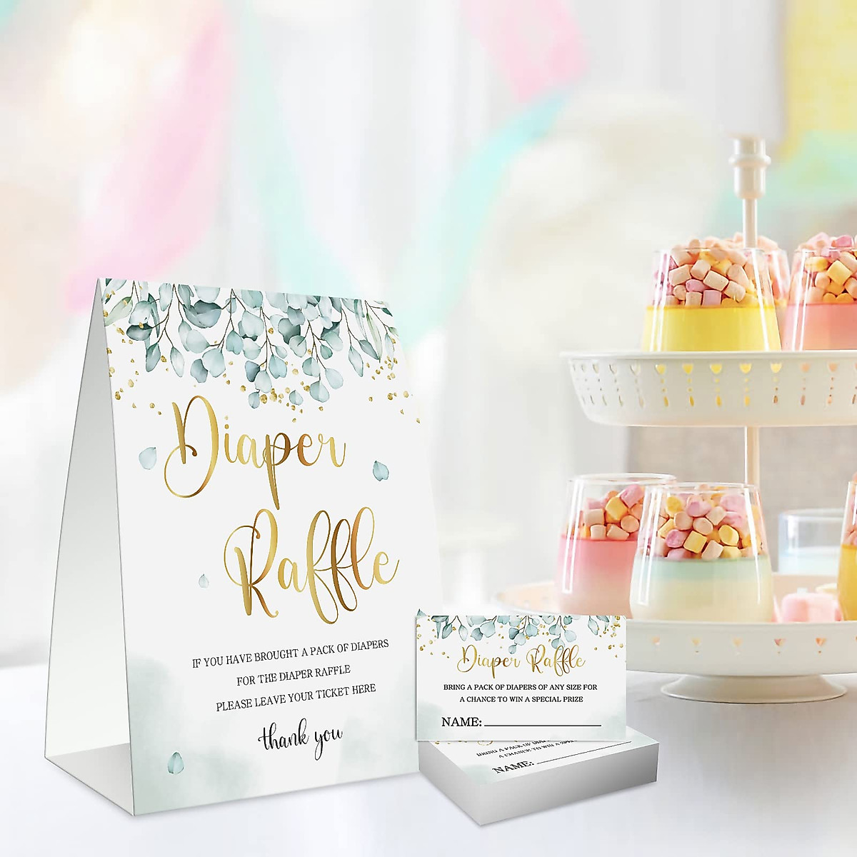 WideIdeal 51Pcs Diaper Raffle Game Sign and Cards, Baby Shower Eucalyptus Diaper Raffle Ticket Party Decorations Game Kit (1 Sign + 50 Cards) WI02