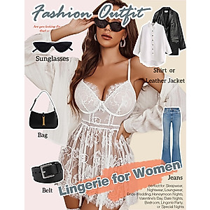 Avidlove Lace Garter Lingerie for Women Mesh Chemise Teddy Lingerie (White, Medium)