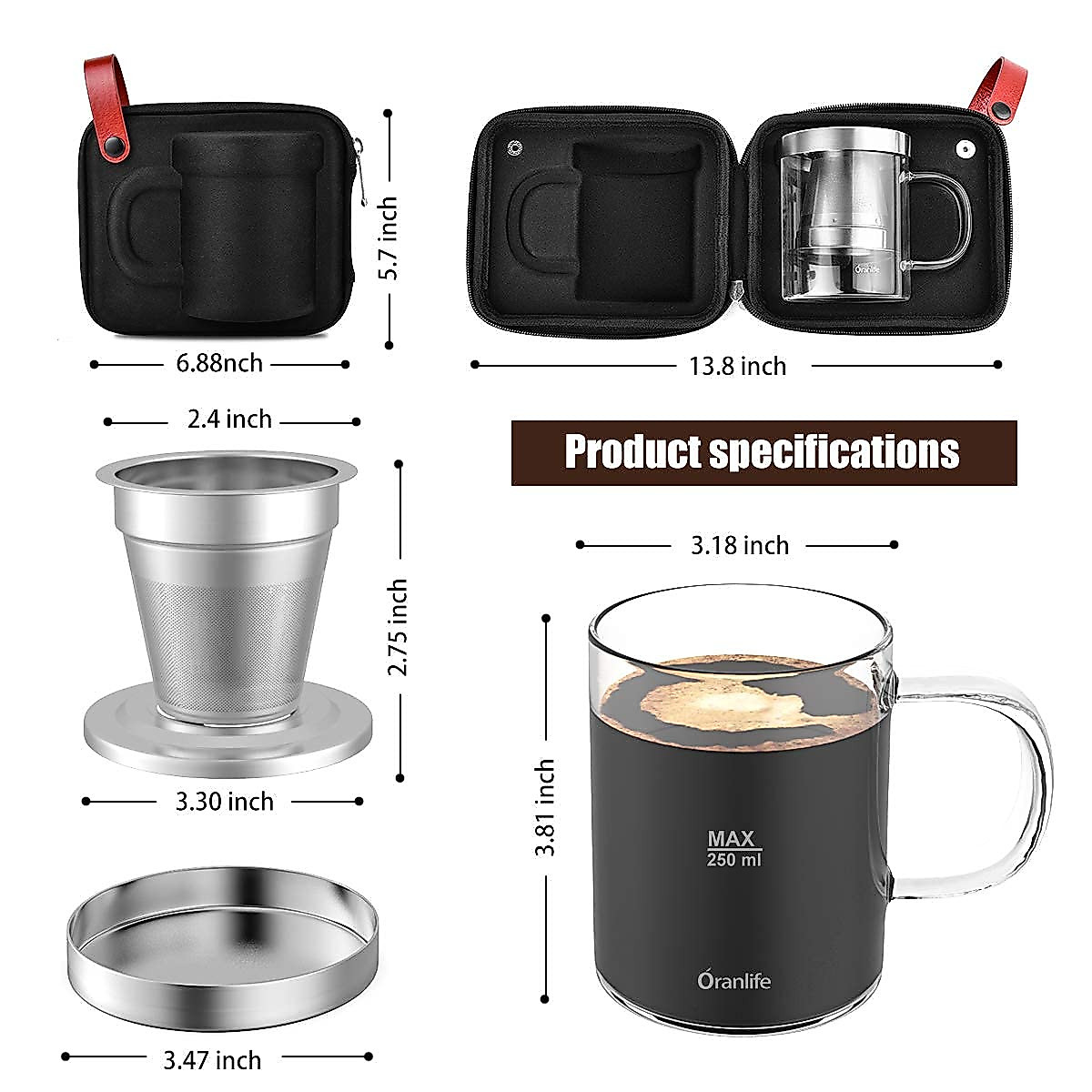 Oranlife Pour Over Coffee Maker Set for Travel/Camping/Hiking, Single Cup, Stainless Steel Coffee Filter, 14 Oz Borosilicate Glass Mug, Extra Permanent Lid and Moulded Neoprene Case, at Home/Office