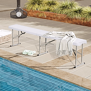 Tangkula 6 FT Plastic Folding Bench, Foldable Bench Seat with Carry Handle, Non-Slip Mat, Indoor & Outdoor HDPE Portable Outdoor Bench for Soccer Sports Picnic Camping, White