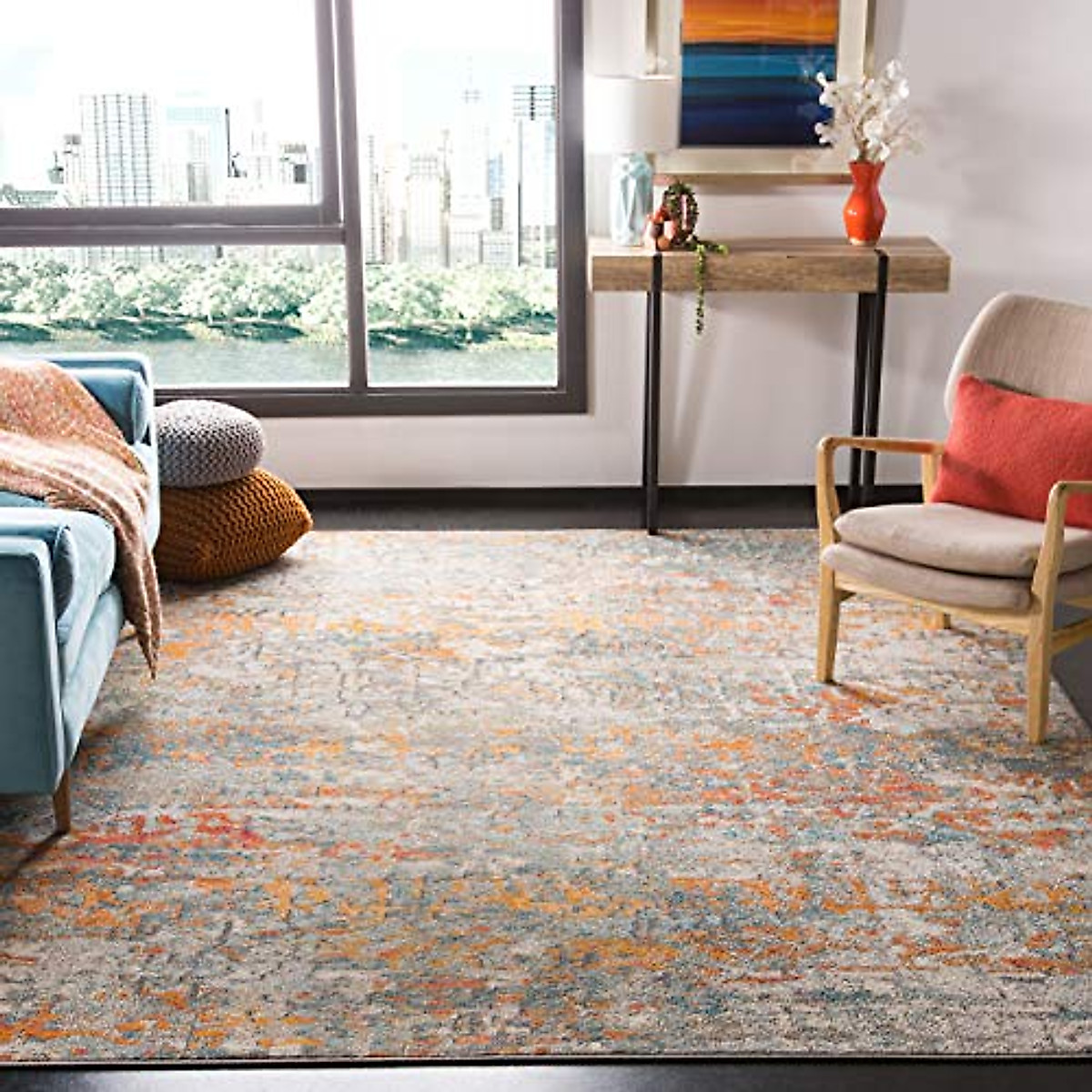 SAFAVIEH Madison Collection Area Rug - 9' x 12', Grey & Orange, Modern Abstract Design, Non-Shedding & Easy Care, Ideal for High Traffic Areas in Living Room, Bedroom (MAD460F)