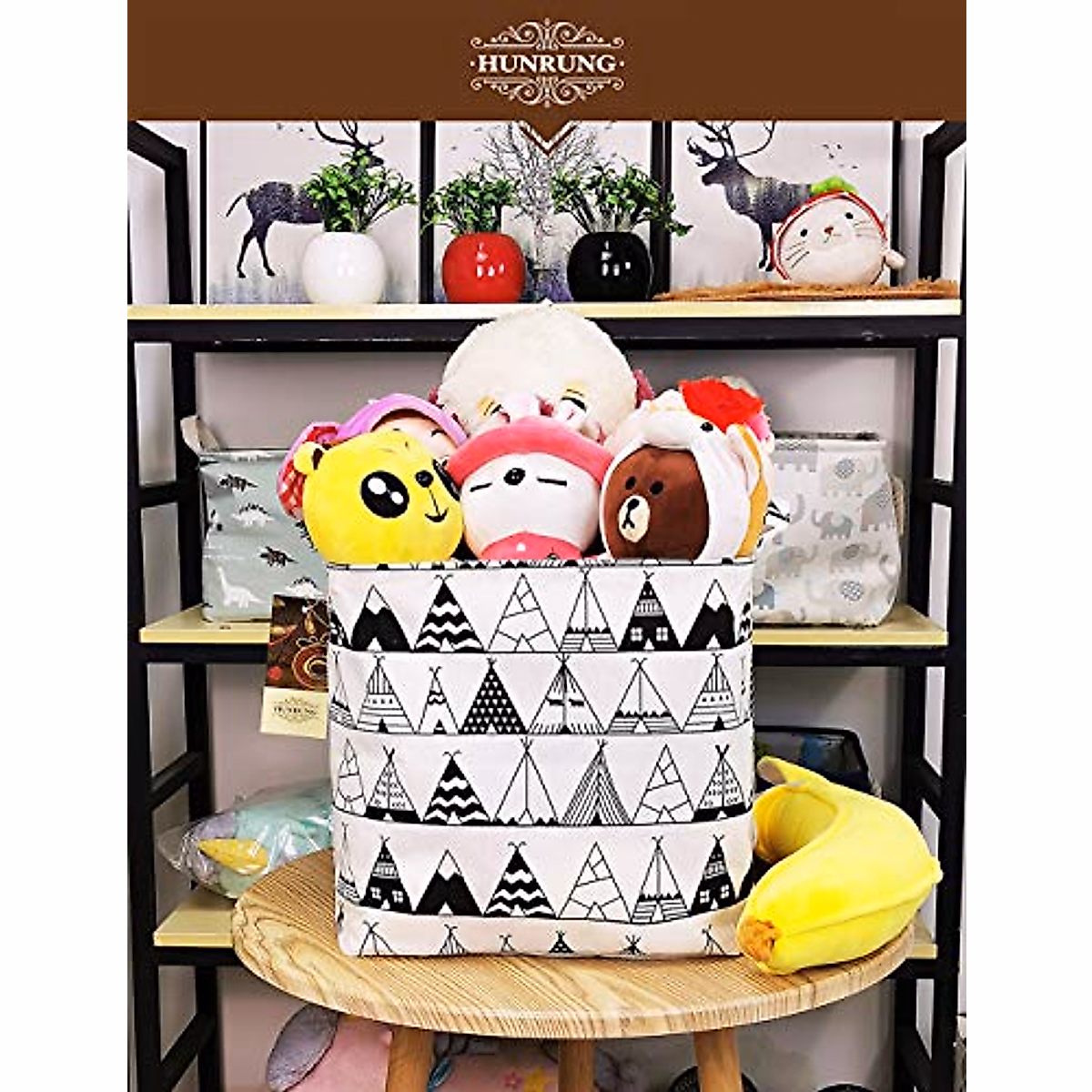 HUNRUNG Square Storage Bins Nursery Hamper Canvas Laundry Basket Foldable with Waterproof Nursery Boxes for Shelves/Gift Baskets/Toy Organizer/Children Room Decor（Square-Tent）