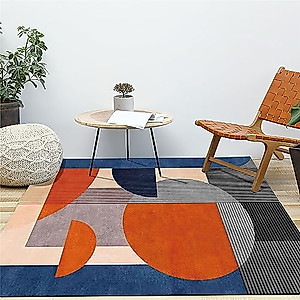 Modern Abstract Area Rug, 5x7ft, Blue Orange Gray Modern Geometric Rug Pad, Luxurious Fashion Minimalistic Art Design Anti-Slip Washable Carpet for Living Room, Indoor Rugs for Bedroom Dorm Hotel