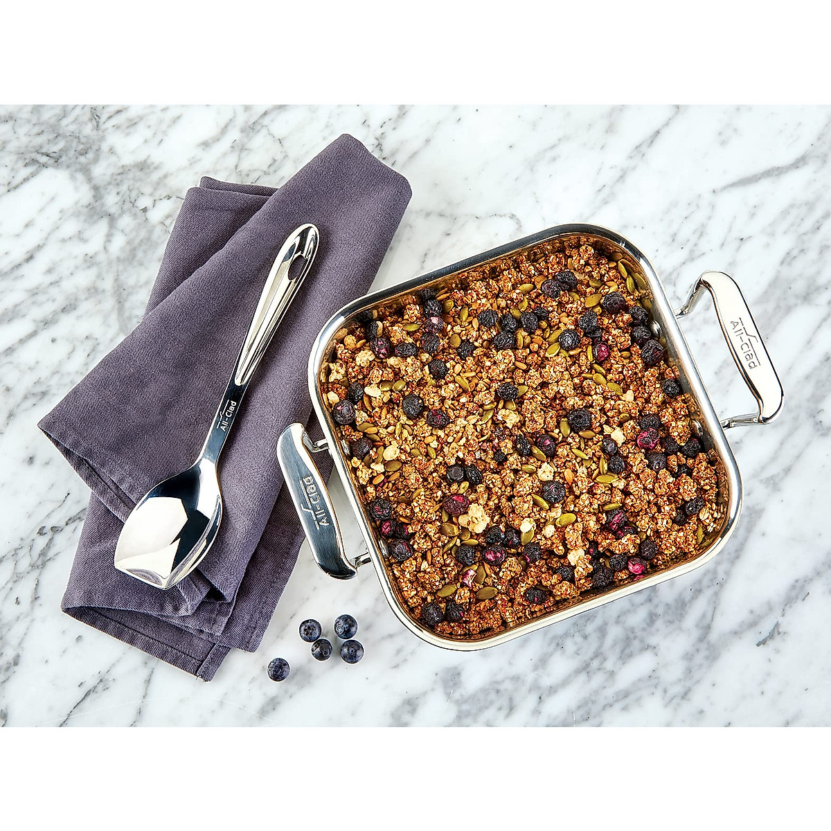 All-Clad Specialty Stainless Steel and Plastic Lid Square Covered Baking Pan 8x8 Inch Oven Broiler Safe 600F Pots and Pans Silver