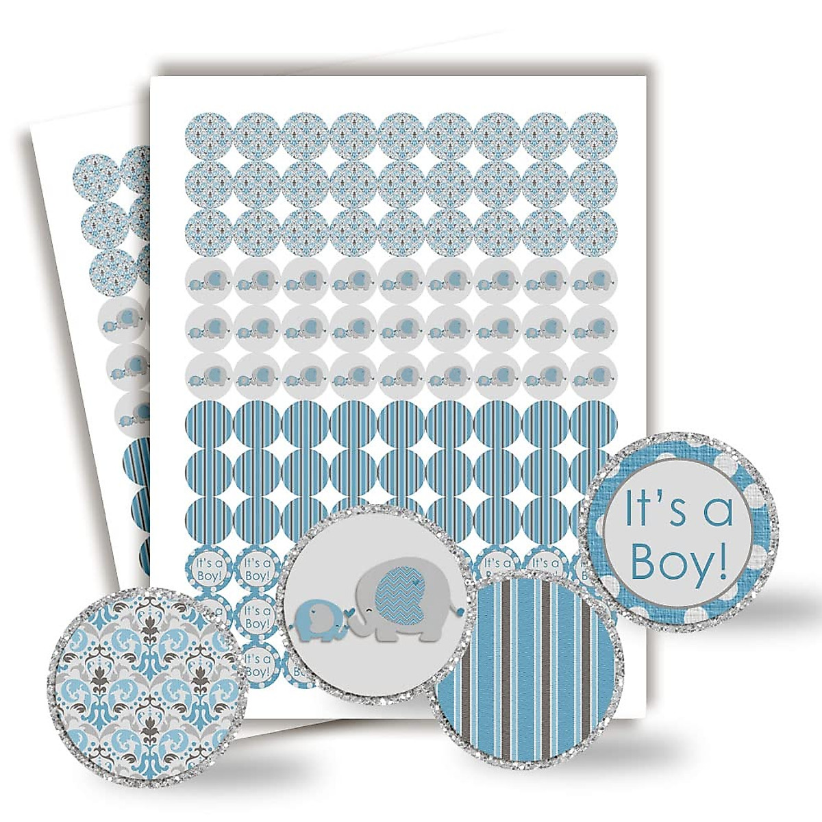 New Little Peanut Elephant Boy Baby Sprinkle Baby Shower Kiss Sticker Labels, 300 Party Circle Stickers sized 0.75” for Chocolate Drop Kisses by Amanda Creation, Great for Favors, Treats, Envelope