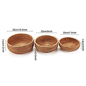 Round Rattan Fruit Baskets Woven Storage Bowls Key Holder Stackable for Shelf Kitchen Tabletop Natural Set of 3