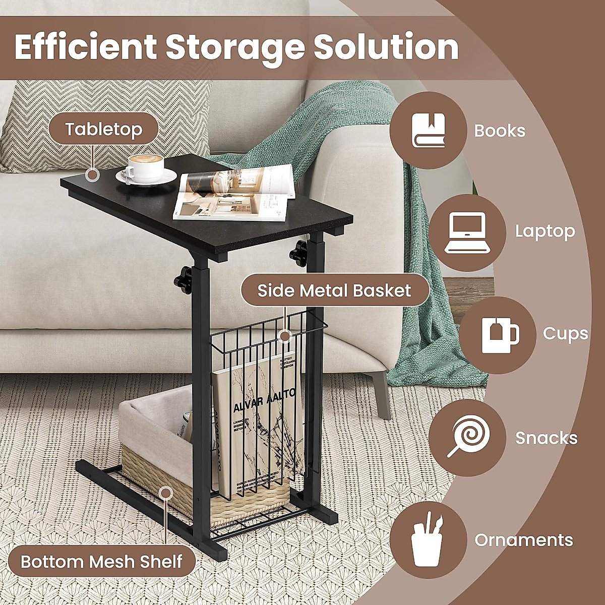 Tangkula Rolling Height Adjustable C Table, Mobile End Table with Detachable Wheels, Side Basket and Bottom Mesh Storage, Space-saving Slide Under Sofa Table for Living Room Bedroom