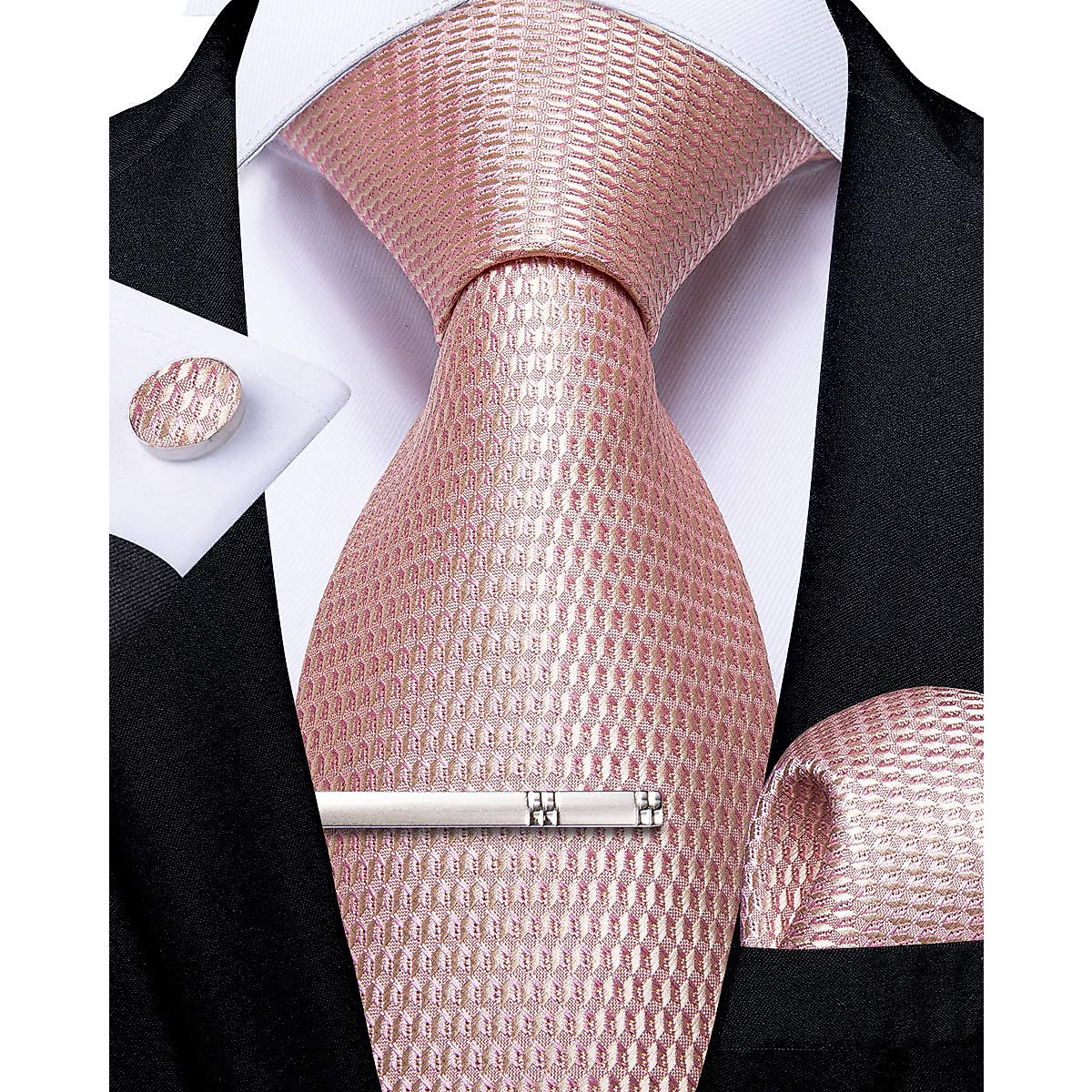 DiBanGu Mens Silk Tie and Bowtie Lapel Pin Tie Clip Set Paisley Solid Necktie and Pocket Square Cufflinks for Wedding Party, Blush Pink