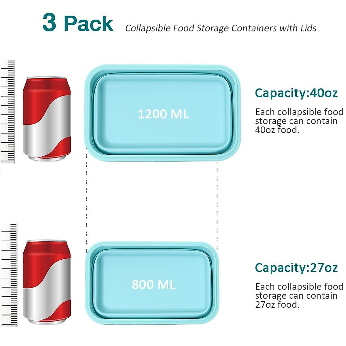 Alimat PluS Silicone Food Storage Containers with Lids - 3 Pack Set 40oz/1200ml Collapsible Meal Prep Lunch Containers - Microwave, Freezer and Dishwasher Safe