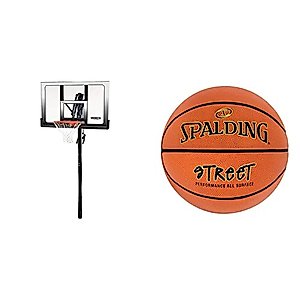 Lifetime 71281 In Ground Power Lift Basketball System, 52 Inch Shatterproof Backboard & Spalding Street Outdoor Basketball 29.5"