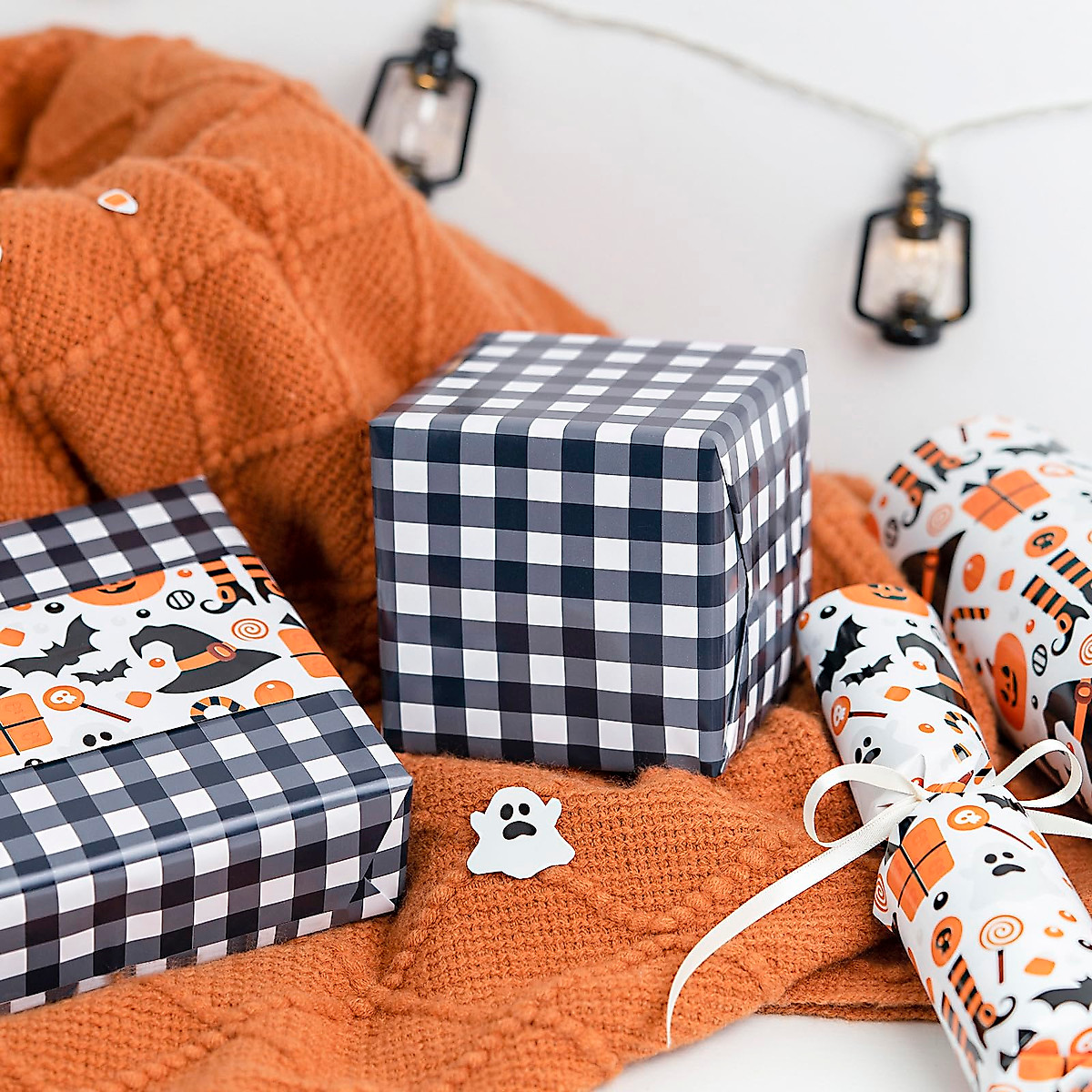 LeZakaa Reversible Halloween Wrapping Paper - Pumpkin, Witch Hat & Black and White Plaid Design for Halloween, Nightmare before Christmas Holiday, Party - 17 inches x 32.8 Feet (46.45 sq.ft.)
