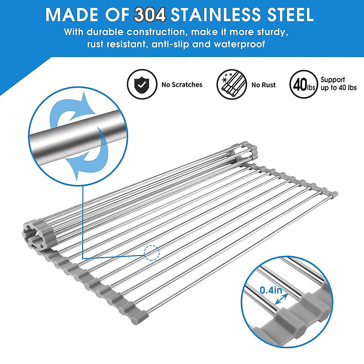 AOUAO Roll Up Dish Drying Rack,Multipurpose Stainless Steel Over The Sink Drainer Rack,Kitchen Portable Dish Rack (Round)