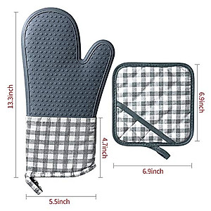 HMHP, Silicone Oven Mitts and Pot Holders 4pcs Sets Kitchen Oven Gloves High Heat Resistant Long Non-Slip Oven Mitt with Quilted Liner and Cotton Hot Pads Potholders Kitchen Baking Cooking (Grey)