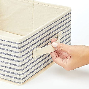 mDesign Soft Fabric Closet Organizer Box with Front Pull Handle for Shelves in Bedroom, Bathroom, Home Office - Holds Clothing, Linens, Accessories, Lido Collection, 4 Pack, Natural/Cobalt Blue Stripe
