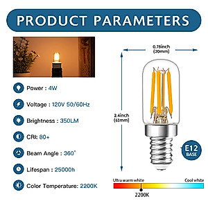 Hcnew E12 LED Candelabra Light Bulbs, 40W Equivalent Mini T20 Chandelier Bulbs, Warm White 2200K Dimmable Range Hood Bulbs Bedside Lamps, 350LM, 2 Pack