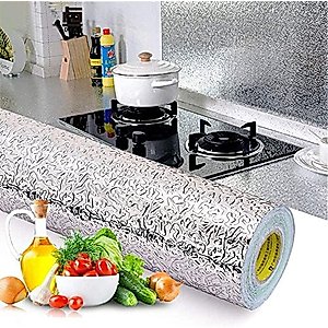 Kitchen Backsplash Stickers, 196.85x15.75 Inch Kitchen Wallpaper Stickers Self Adhesive Kitchen Aluminum Foil Stickers Oil Proof Waterproof (Silver Orange Peel Texture)