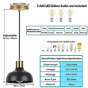 sanoni 3 Pack Pendant Lights Kitchen Island (3 Bulbs Included), Black Matte Pendant Light E26 Base, Farmhouse Dome Metal Hanging Pendant Light Fixtures for Kitchen Island, Dining Room and Bedroom